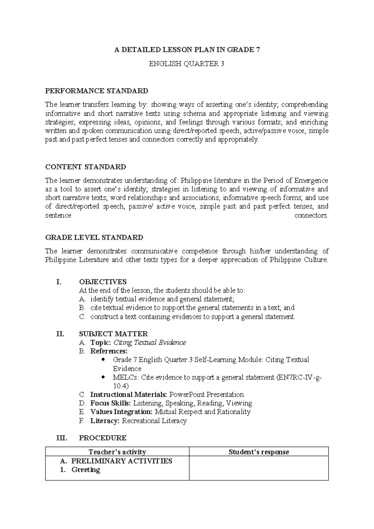 DLP Citing Evidence - none - A DETAILED LESSON PLAN IN GRADE 7 ENGLISH ...