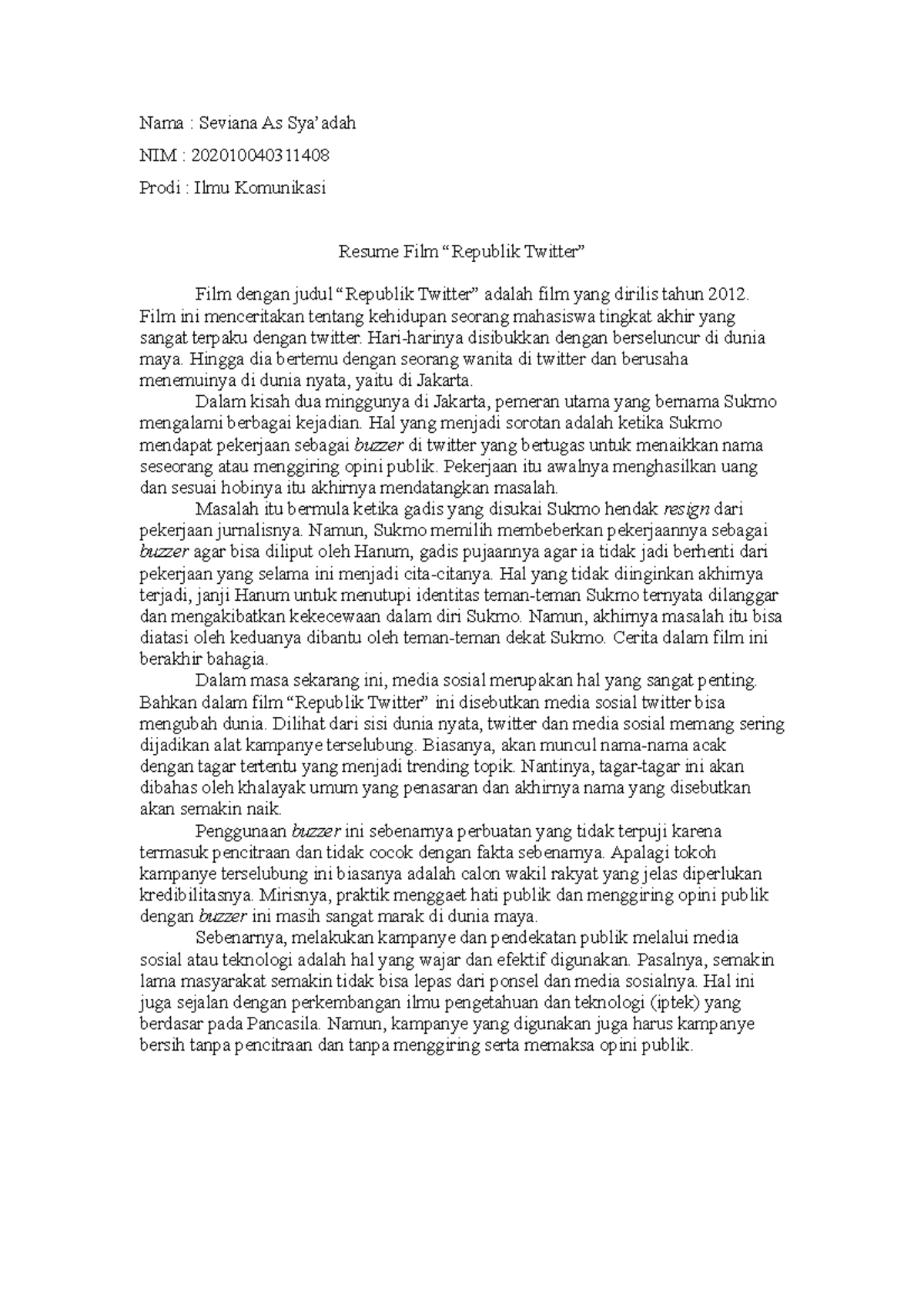 Review film republik twitter - Nama : Seviana As Sya’adah NIM ...