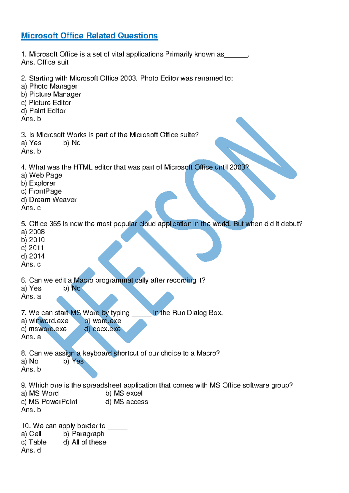 MS Office MCQ Question - Microsoft Office Related Questions Microsoft ...