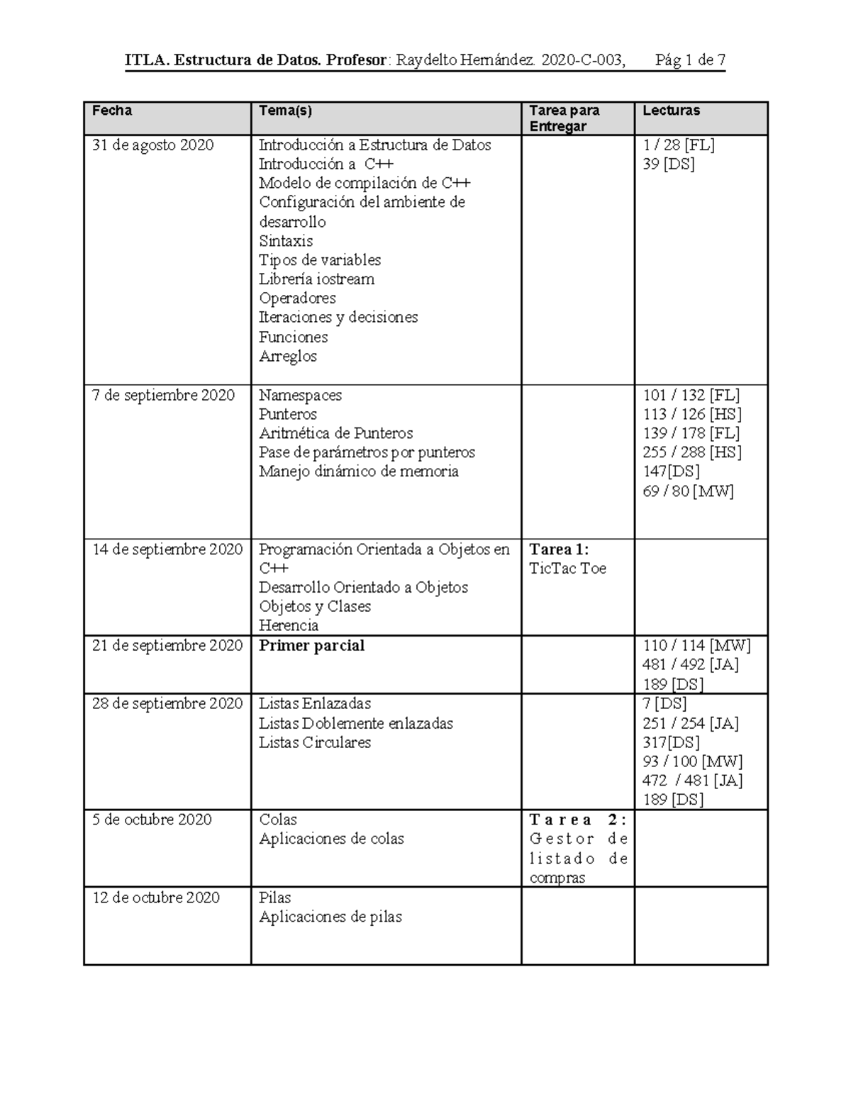 Programa de clases - b Fecha Tema(s) Tarea para Entregar Lecturas 31 de ...