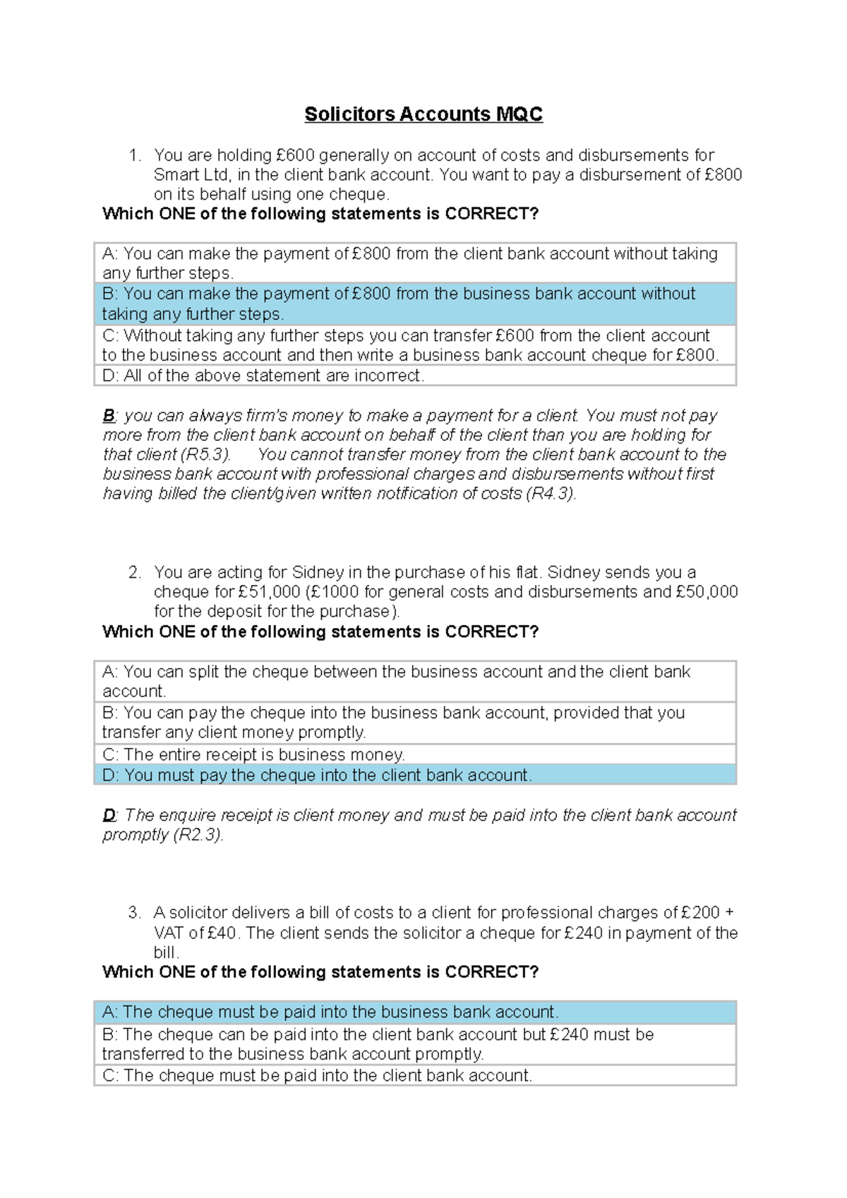 Solicitors' Accounts MCQ questions and answers - Solicitors Accounts ...
