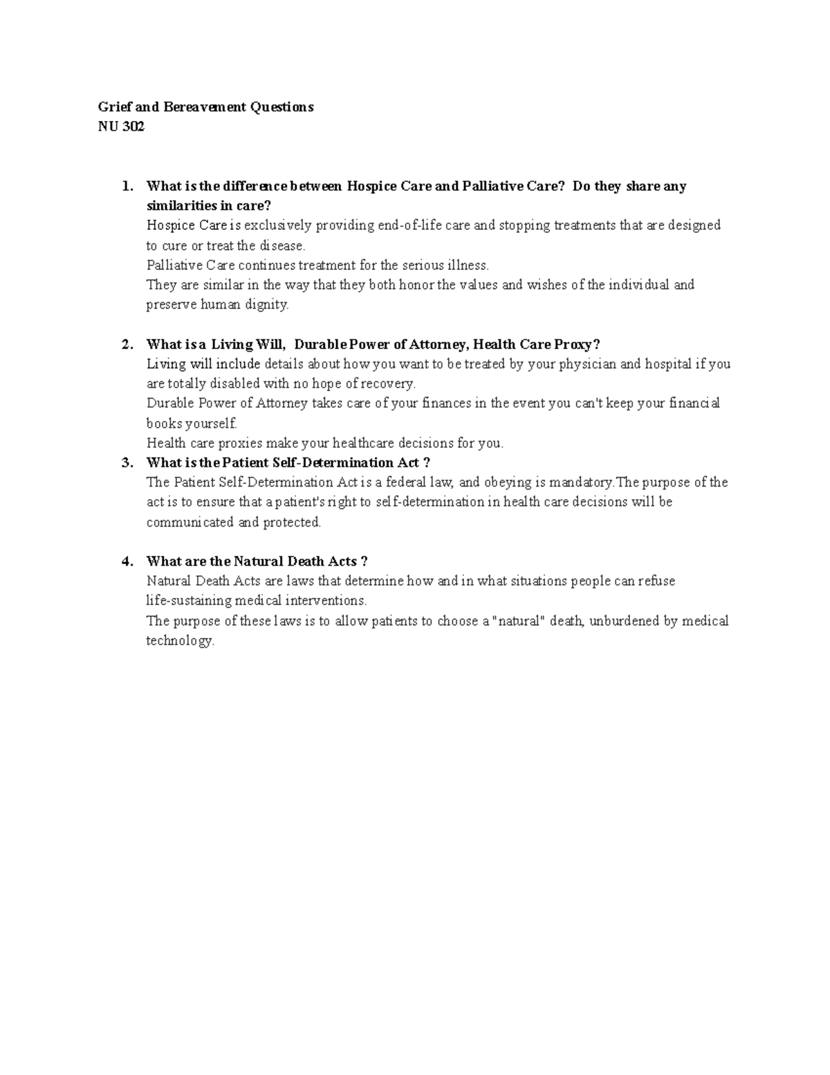 Grief Bereavement assignment 10 04 - Grief and Bereavement Questions NU ...