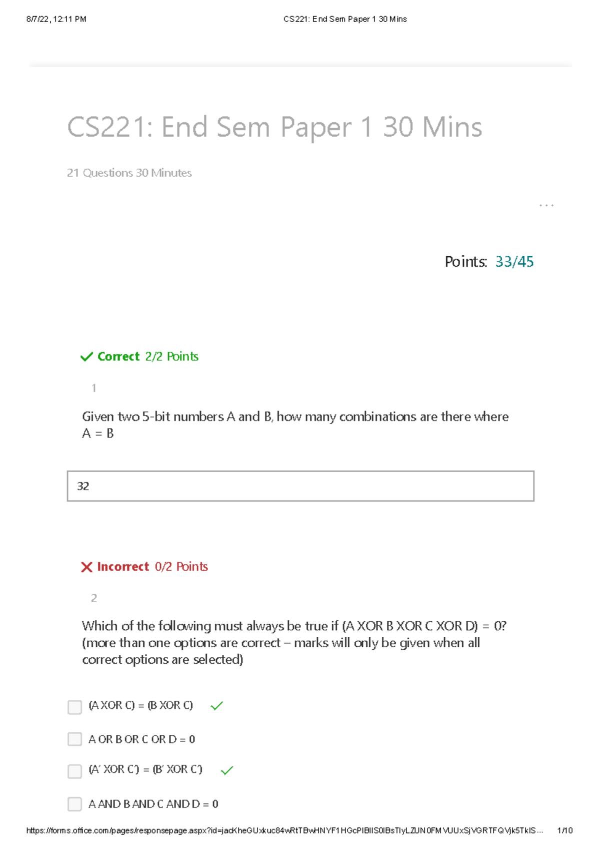 CS221 End Sem Paper 1 30 Mins - Points: 33/ CS221: End Sem Paper 1 30 Mins 21 Questions 30 ...
