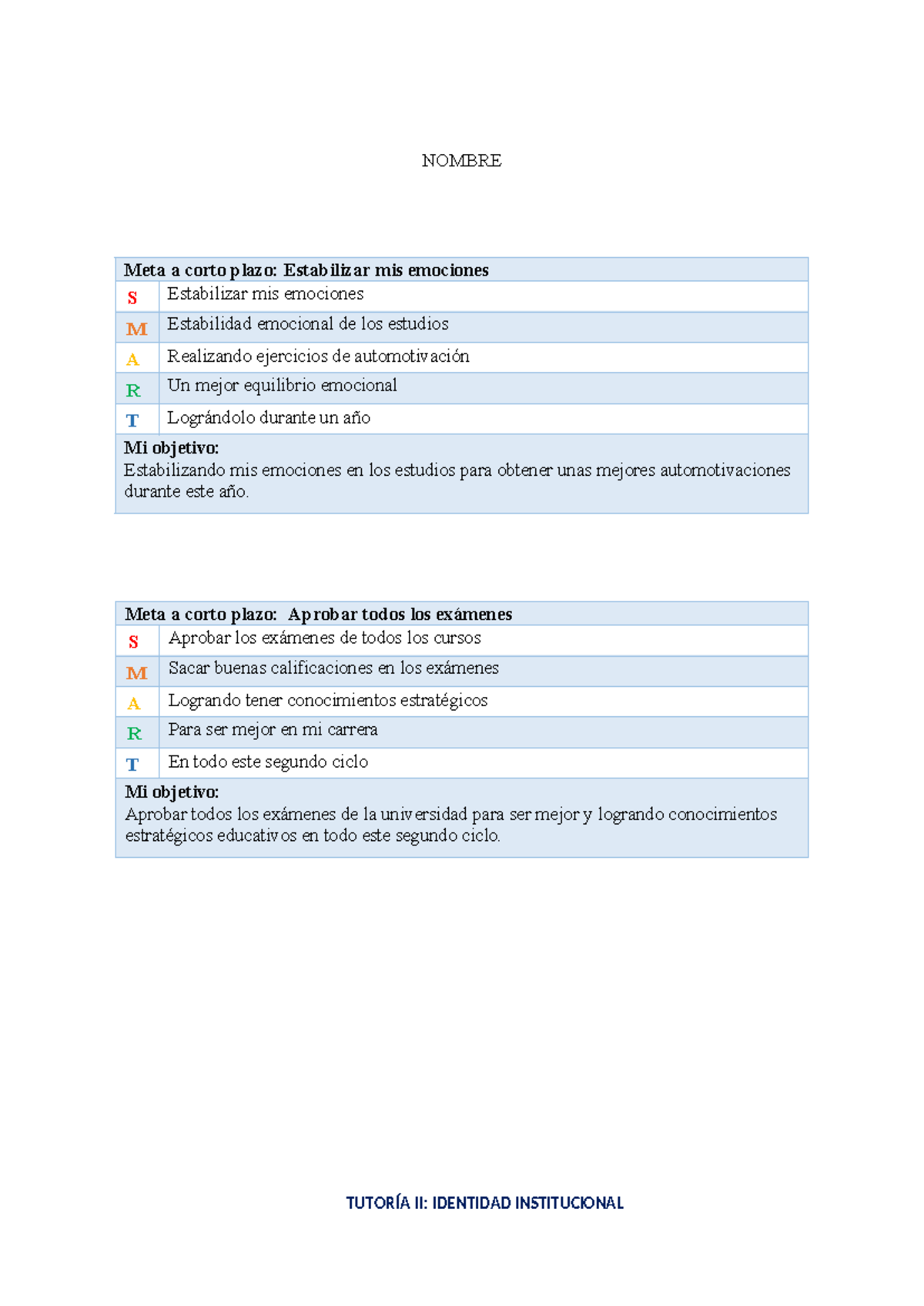 Smart EN UN SOLO Formato - Meta a corto plazo: Estabilizar mis ...