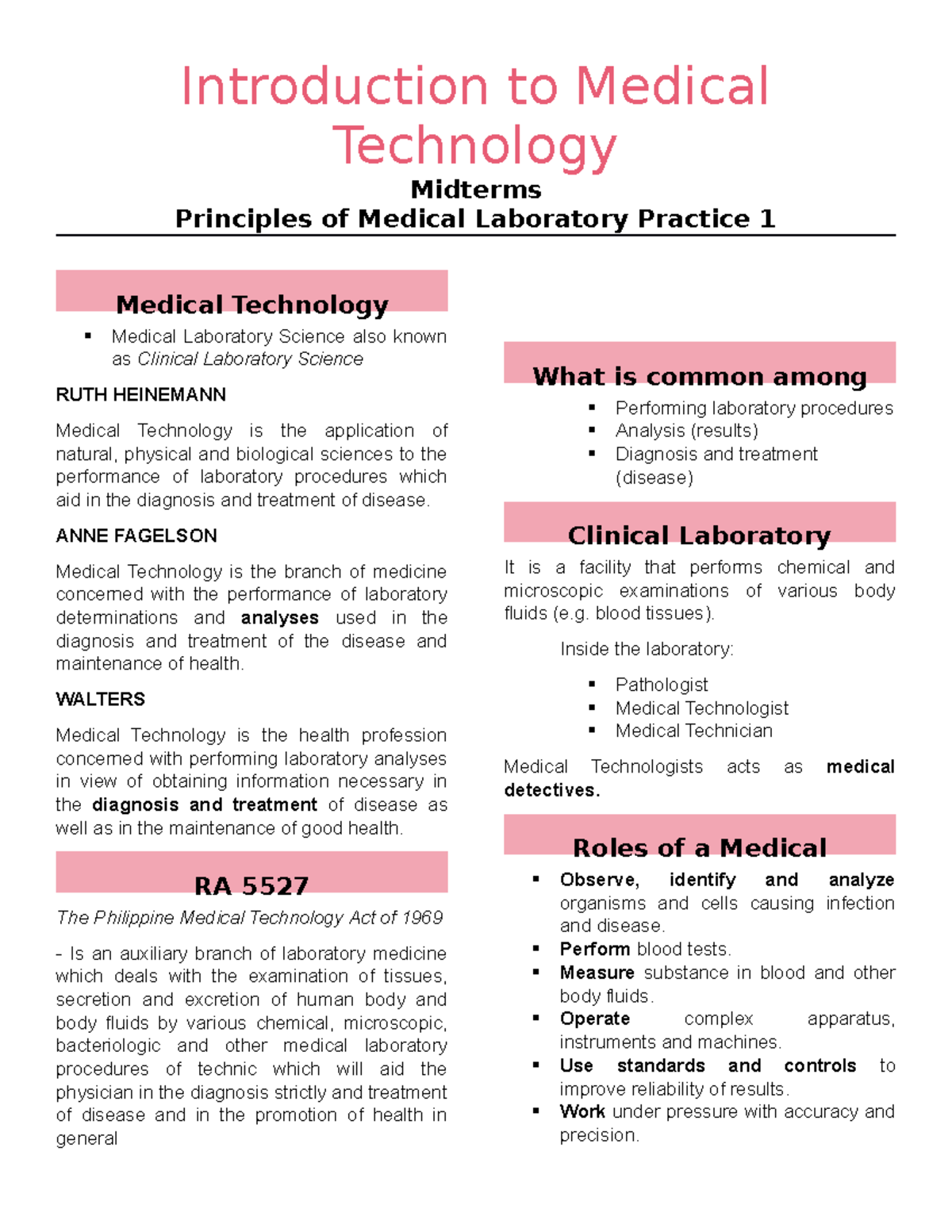 Introduction to Medical Technology - UBian - Studocu