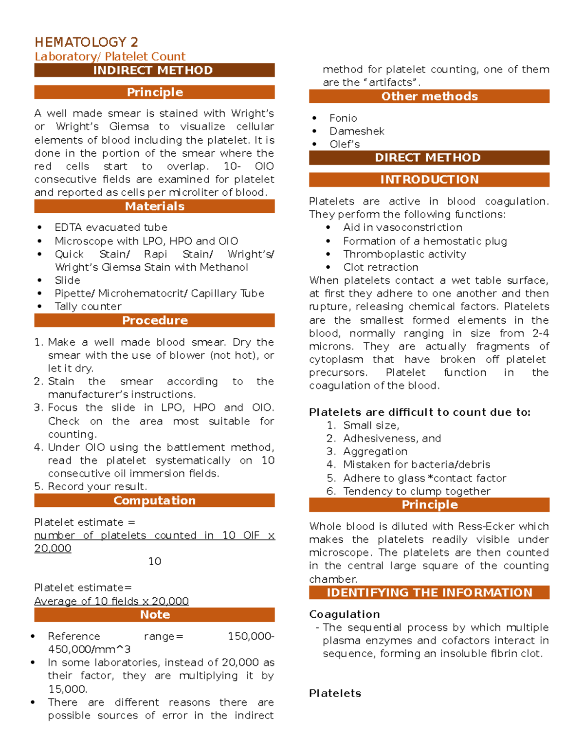 Plateletcountdirectindirect HEMATOLOGY 2 Laboratory Platelet Count