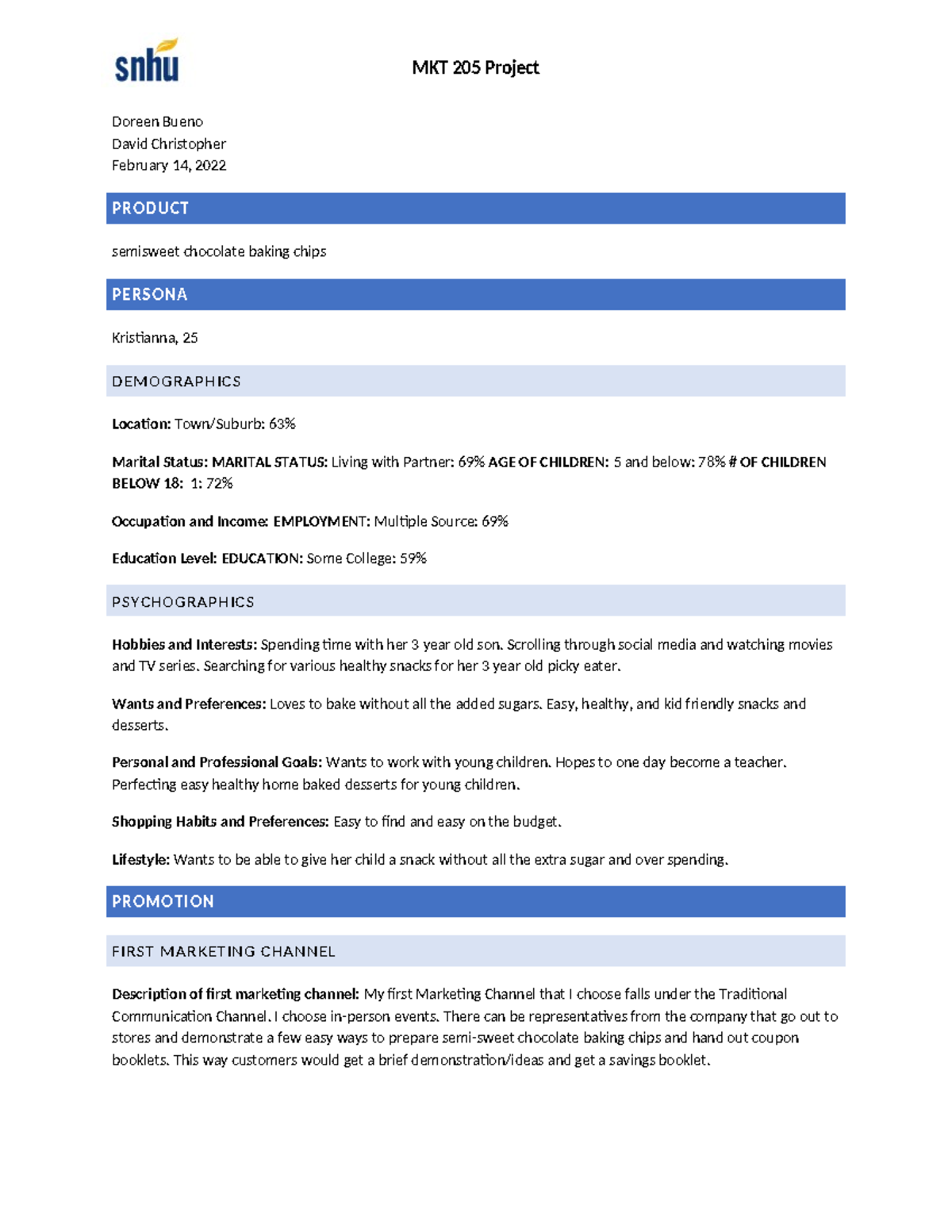 MKT205 Module Seven Milestone - MKT 205 Project Doreen Bueno David ...