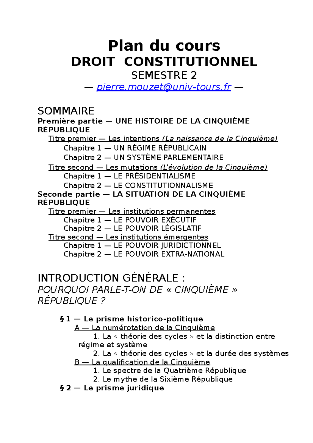 Plan Cours PMouzet Dr Const - Plan du cours DROIT CONSTITUTIONNEL SEMESTRE 2 — pierre@univ-tours ...