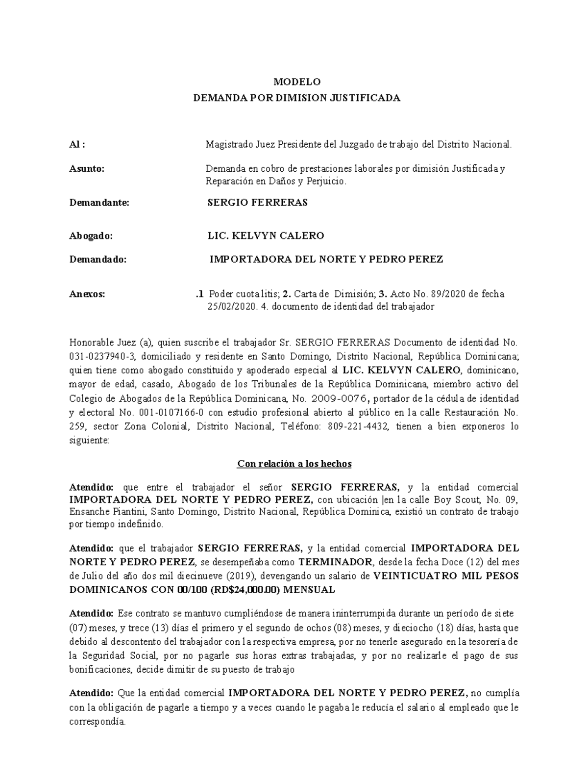 Dimisionn 1, Trabajo de ejemplo. - MODELO DEMANDA POR DIMISION ...