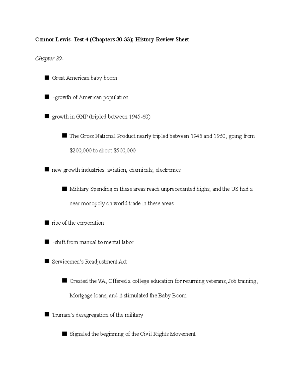 History Study guide 30-33 - Connor Test 4 (Chapters History Review ...