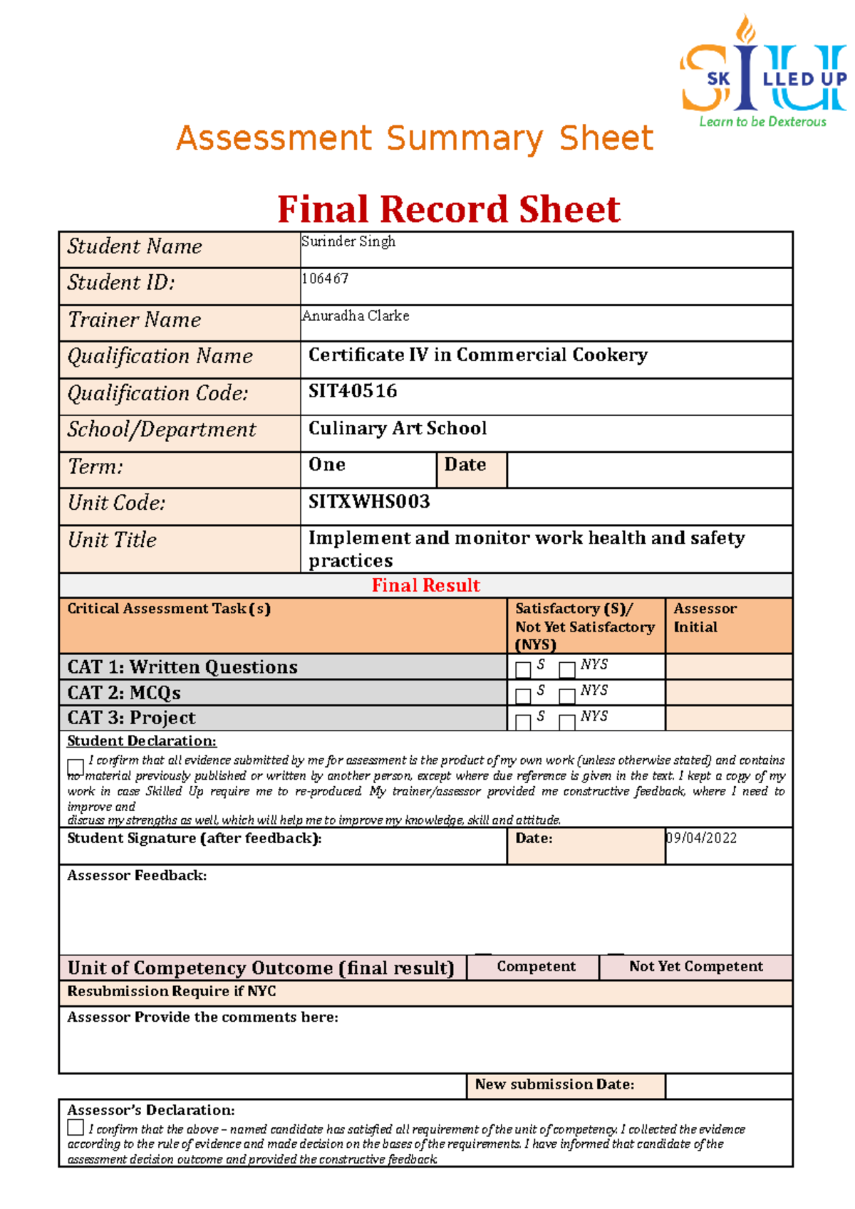 Sitxwhs 003 - Student Assessment Workbook V2 - Assessment Summary Sheet ...