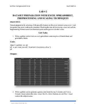 LAB 2 Preprocessing - Lectures - LAB # 2 DATASET PREPARATION WITH EXCEL SPREADSHEET ...