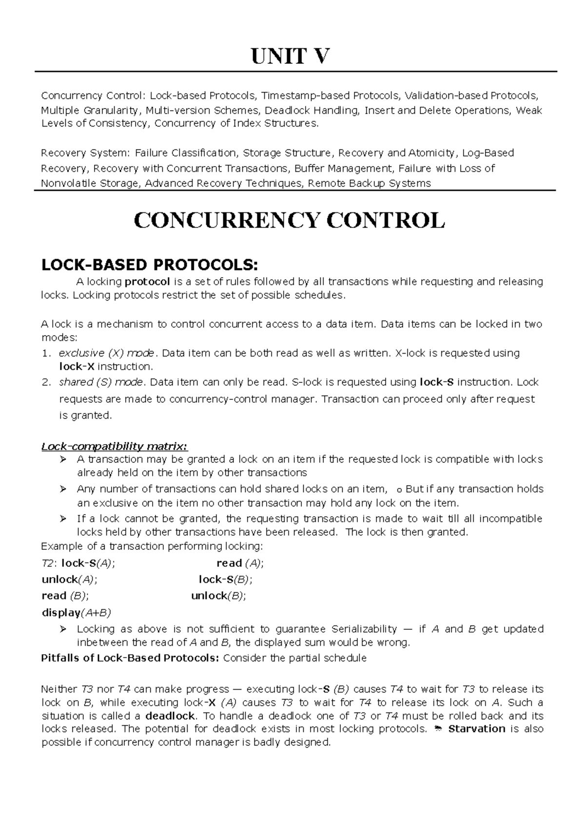 Dbms Unit V Concurrency Control Unit V Concurrency Control Lock Based Protocols Timestamp