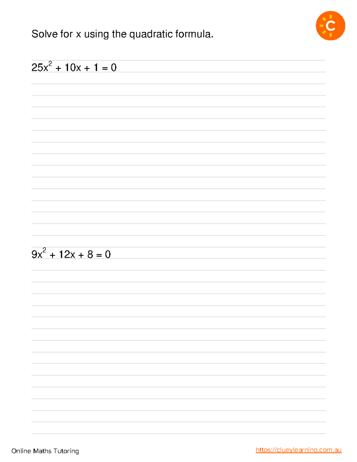 Year 10 Algebra Maths Worksheet Quadratic Formula clueylearning - 25x 2 ...