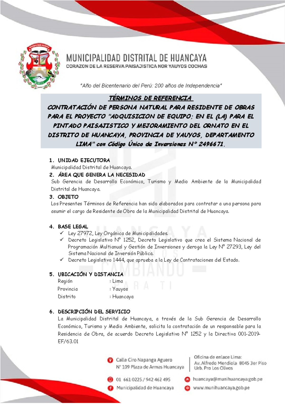 001.- TDR Residente OBRA Local Comunal DE Vilca - "Año del Bicentenario del Perú: 200 años de ...
