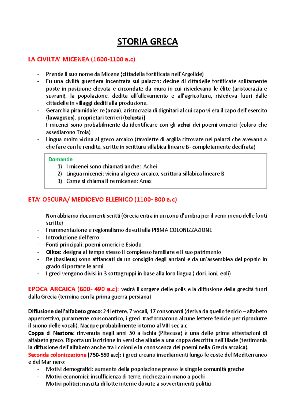 Storia Greca - appunti su greci - STORIA GRECA LA CIVILTA’ MICENEA (1600-1100 a) Prende il suo ...