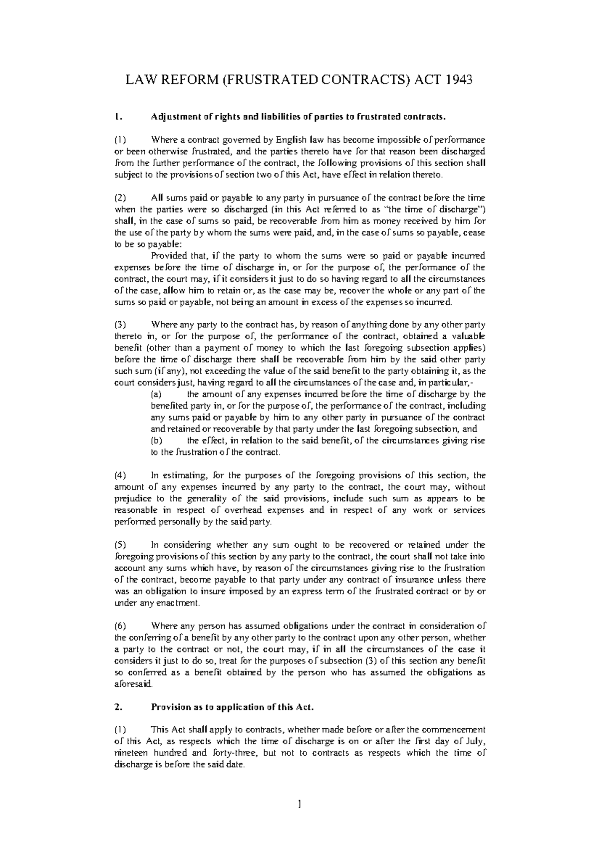 Law Reform Frustrated Contracts Act 1943 - Social Psychology - Studocu