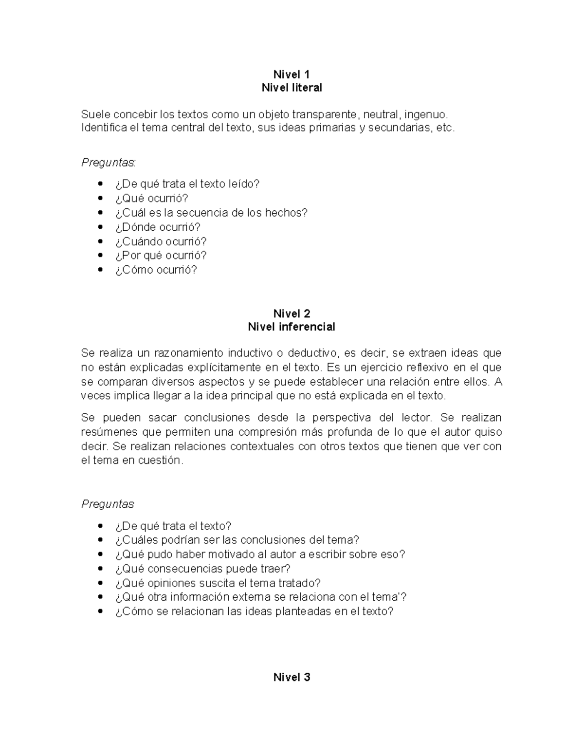 Niveles de lectura - dasdasdas - Nivel 1 Nivel literal Suele concebir ...
