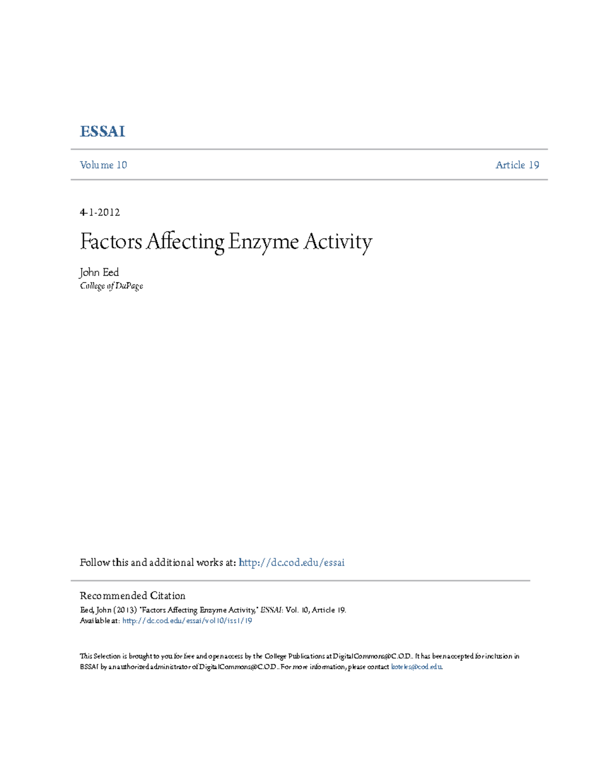 Factors Affecting Enzyme Activity - ESSAI Volume 10 Article 19 4-1 ...