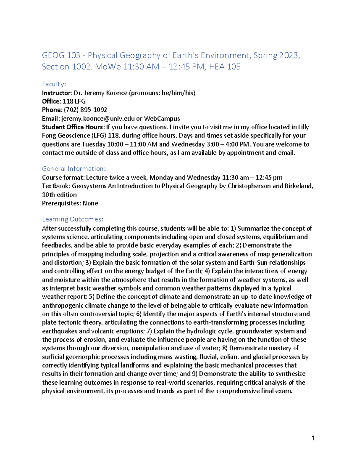 GEOG-103-Koonce - Syllabus - GEOG 103 - Physical Geography of Earth’s ...