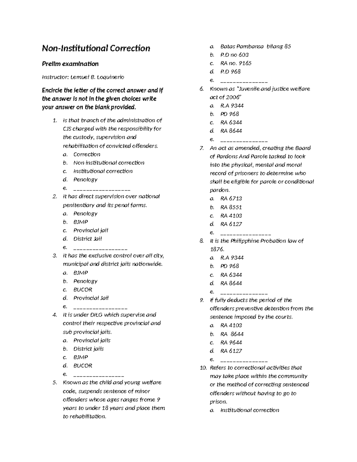 Non Institutional Correction exam - Non-Institutional Correction Prelim ...