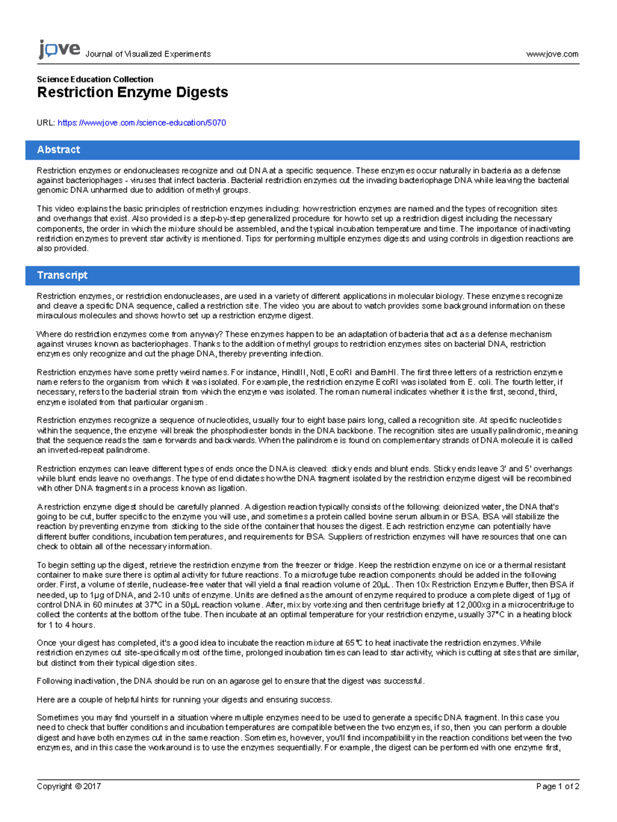 Jove protocol 5070 restriction enzyme digests - Journal of Visualized ...