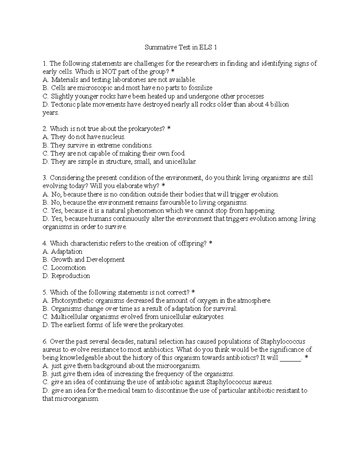 Summative Test in ELS 1 - Which is NOT part of the group? * A ...