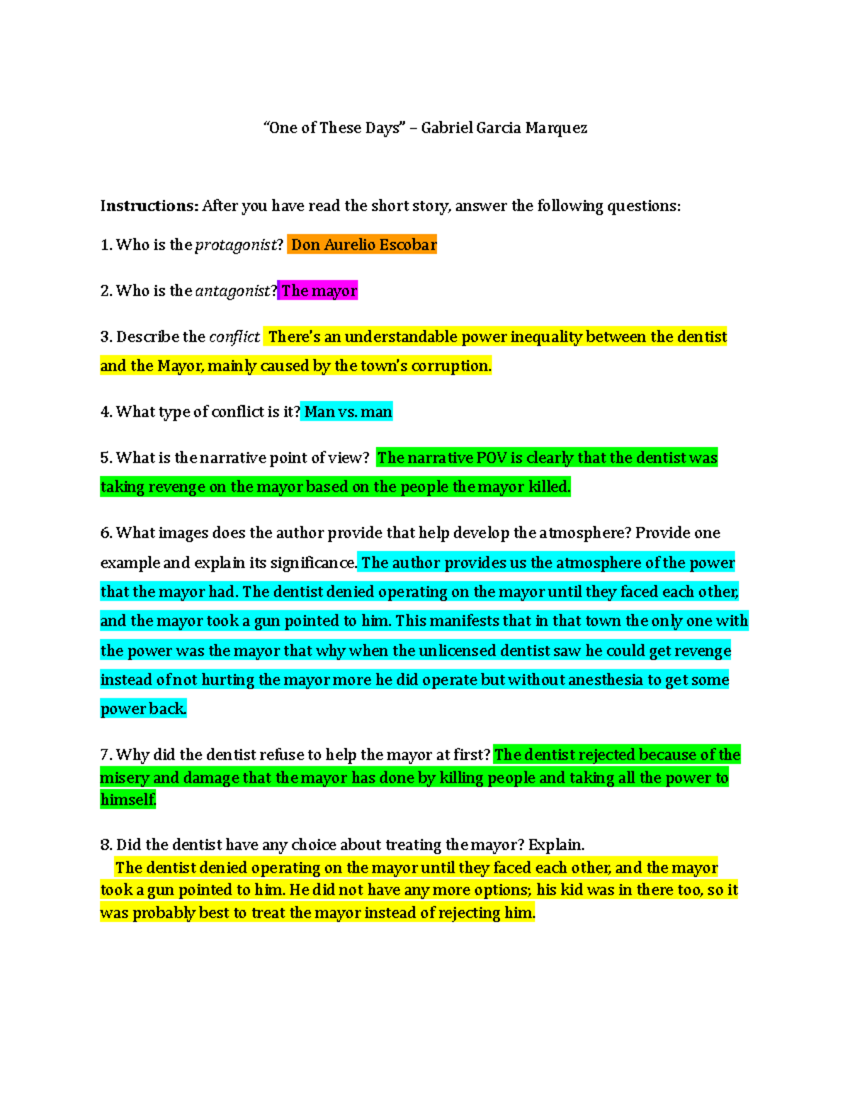 “One of These Days” – Questions Gabriel Garcia Marquez