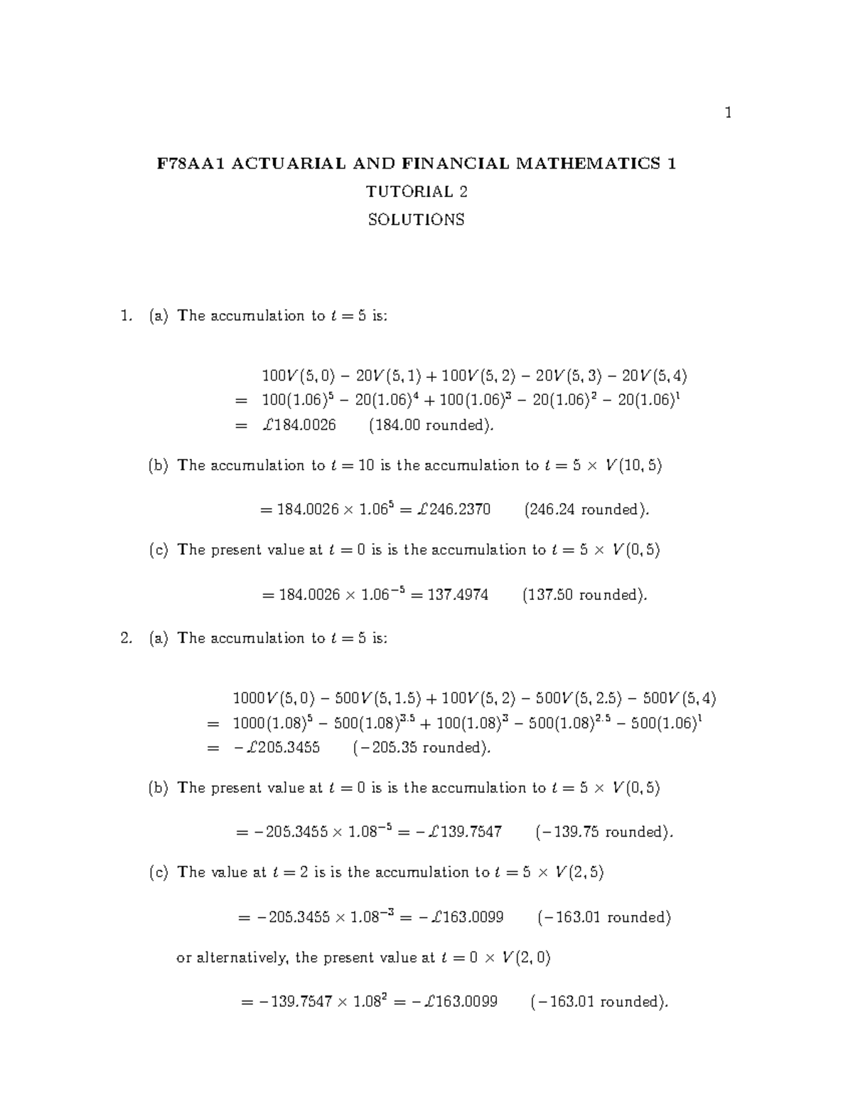 Tutorial Week 2 Solutions - 1 F78AA1 ACTUARIAL AND FINANCIAL ...