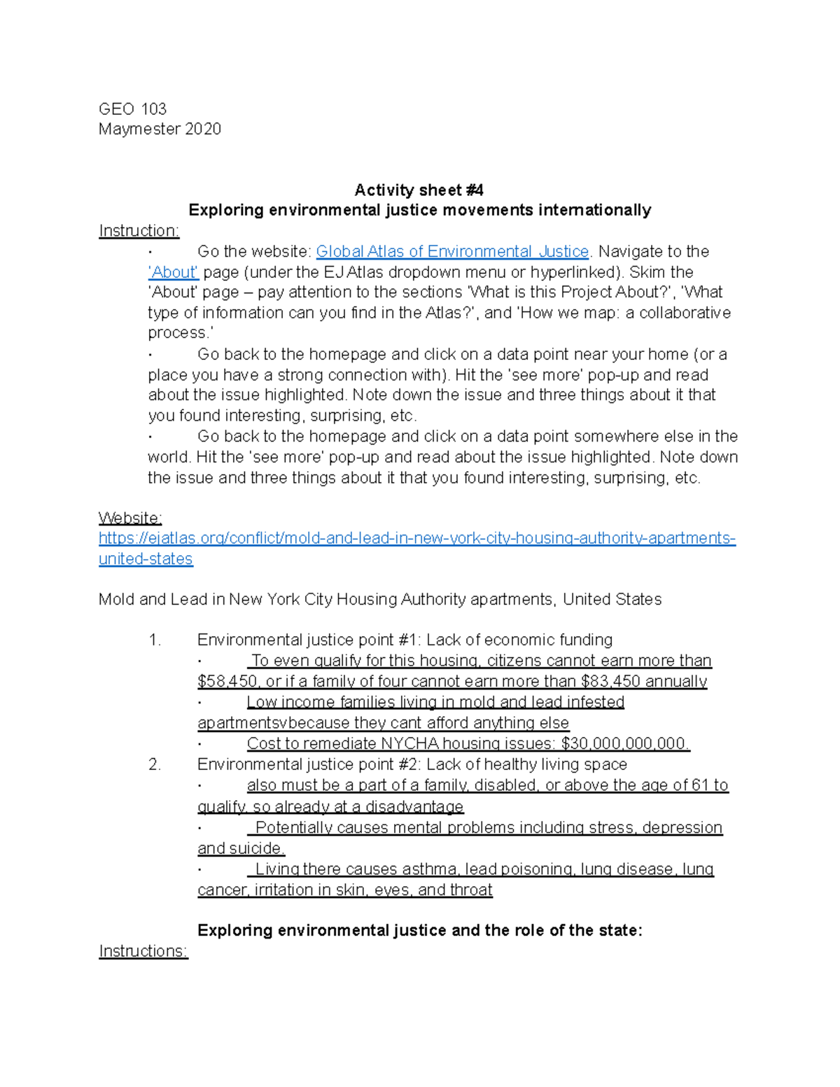 Activity Sheet #4 - GEO 103 Maymester 2020 Activity sheet Exploring ...