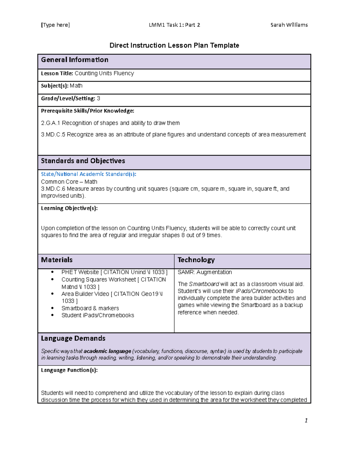 LMM1 - Part 2 Lesson Plan - Sarah Williams - Direct Instruction Lesson ...