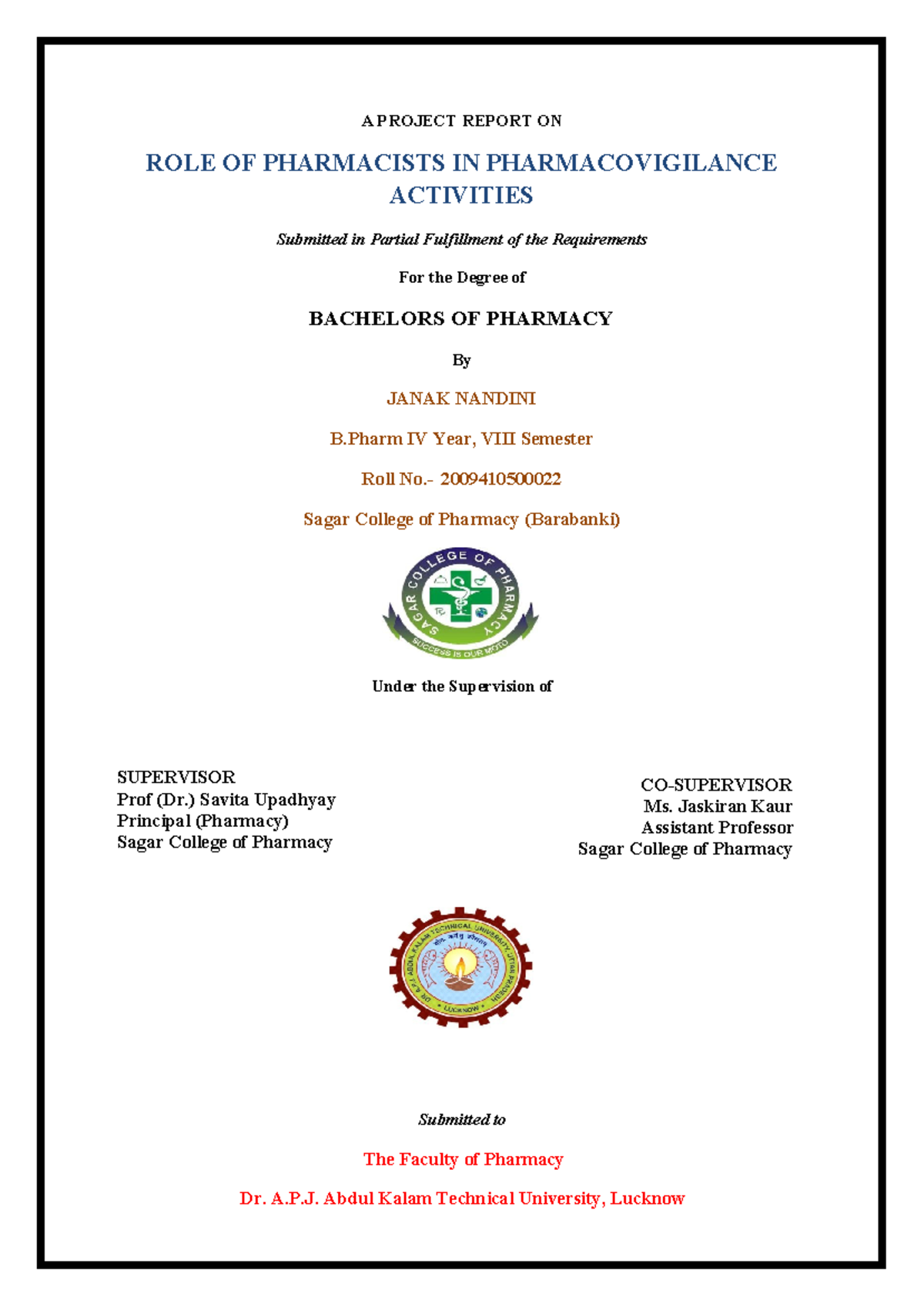 PROJECT FORMAT BPHARM 8TH SEMESTER - A PROJECT REPORT ON ROLE OF ...