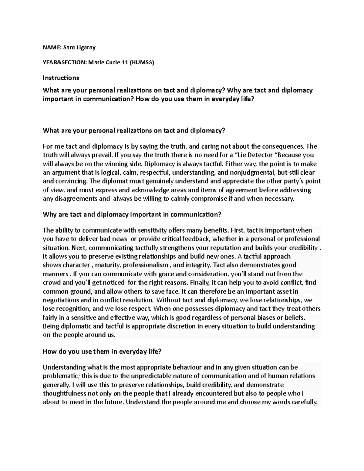 Oral Communication Reflection 7 - NAME: Sam Ligaray YEAR&SECTION: Marie ...