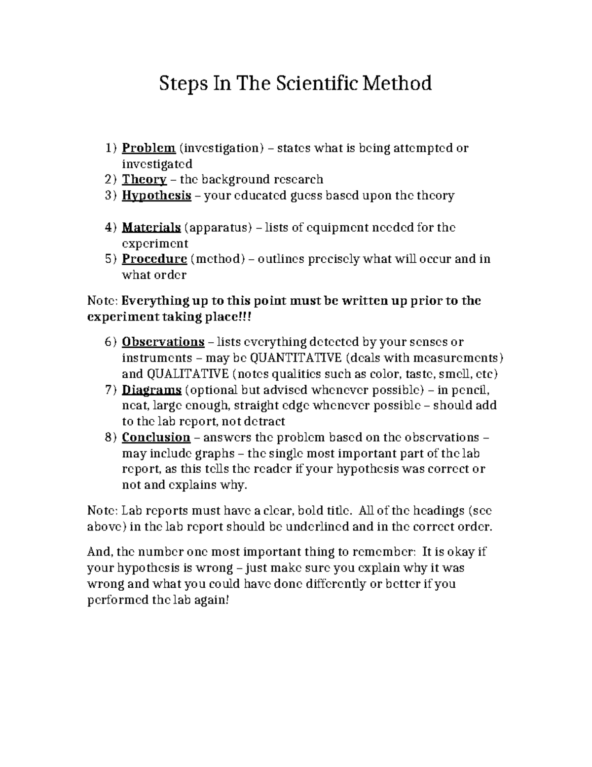 Steps In The Scientific Method - Note: Lab reports must have a clear ...