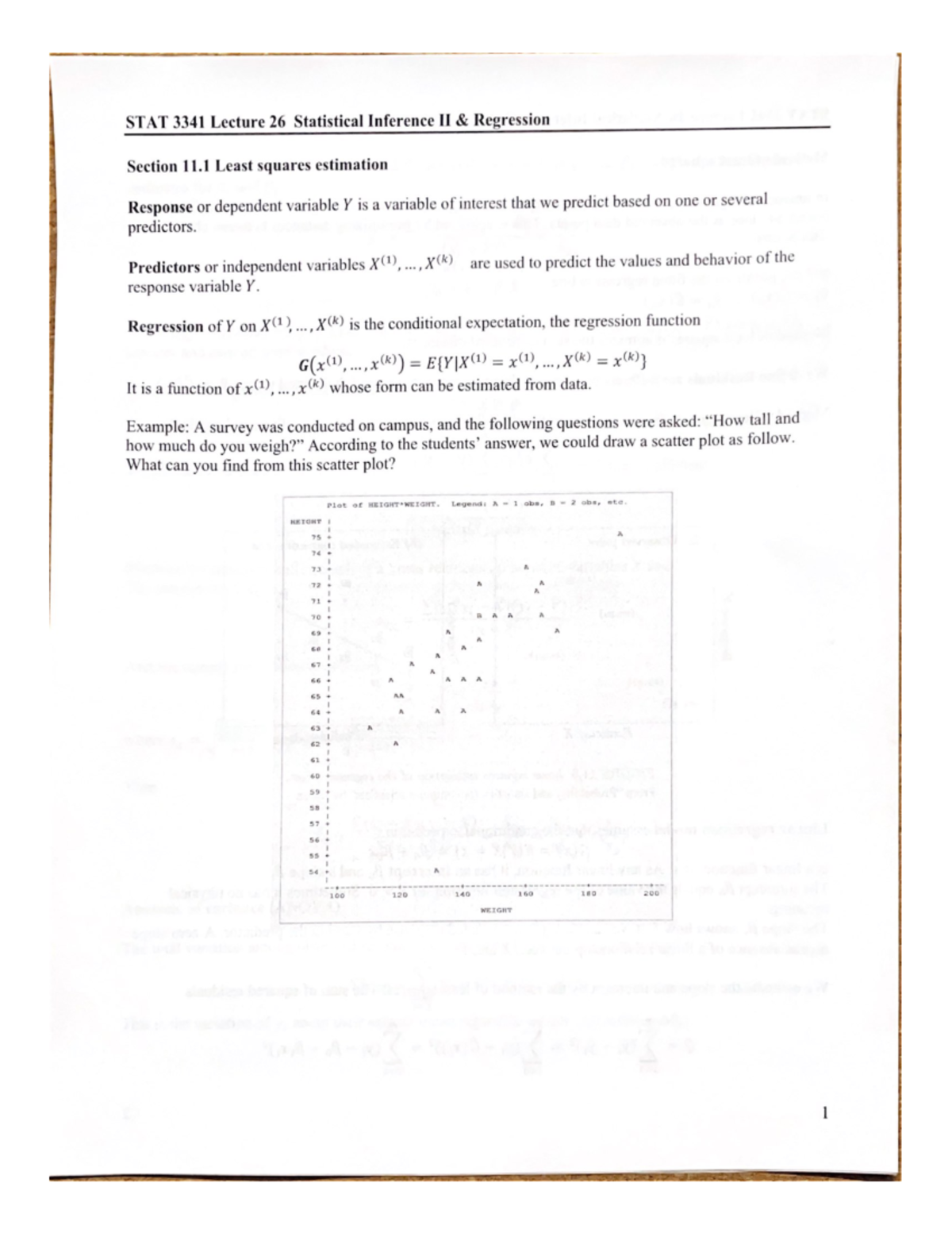 Section 11.1 Least squares estimation - STAT 3341 Lecture 26 Statistical Inference II Regression ...