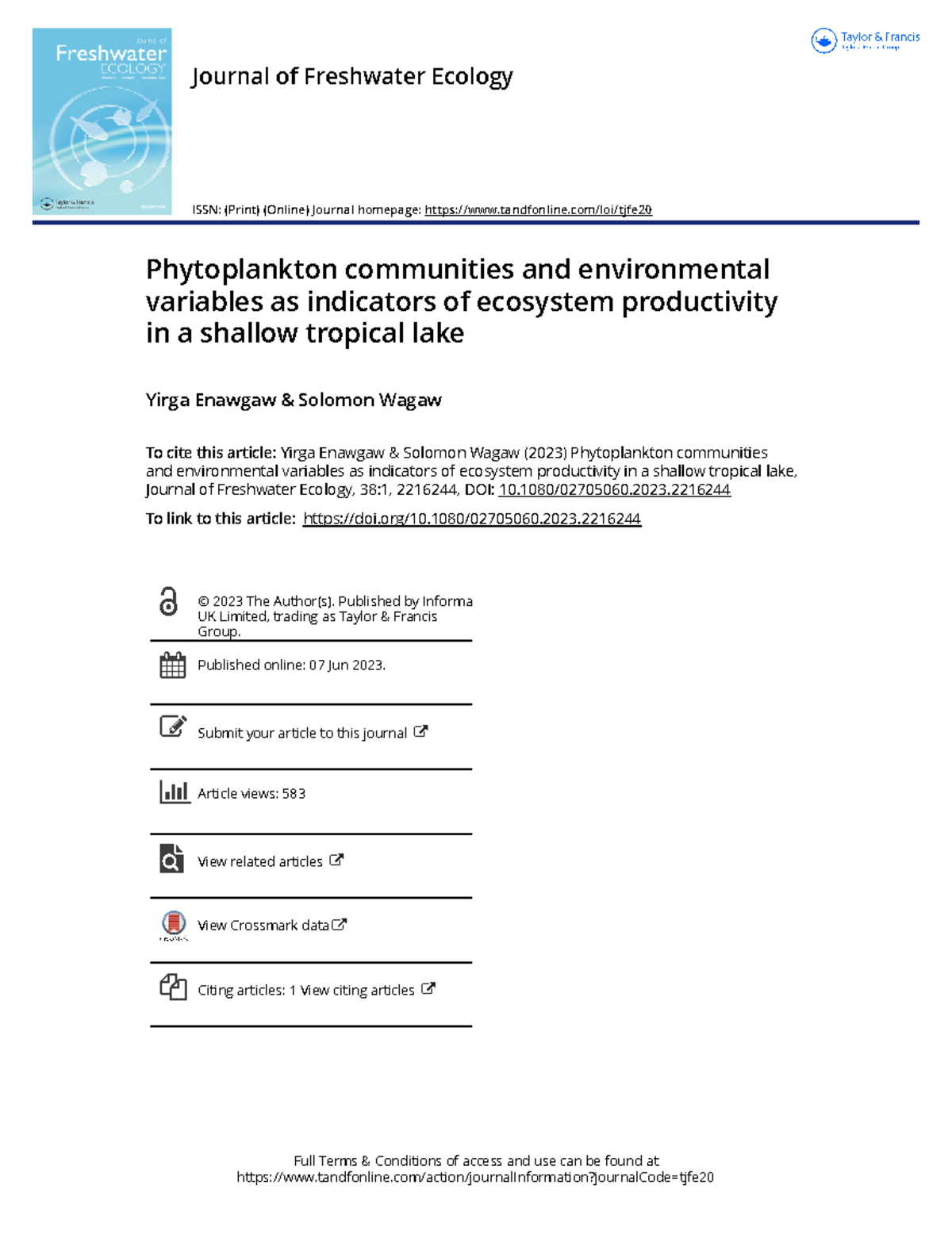 Phytoplankton communities and environmental variables as indicators of ...