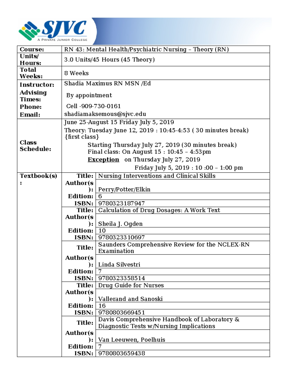SJVC Mental Health RN 43 Syllabus - Course Syllabus Course: RN 43 ...