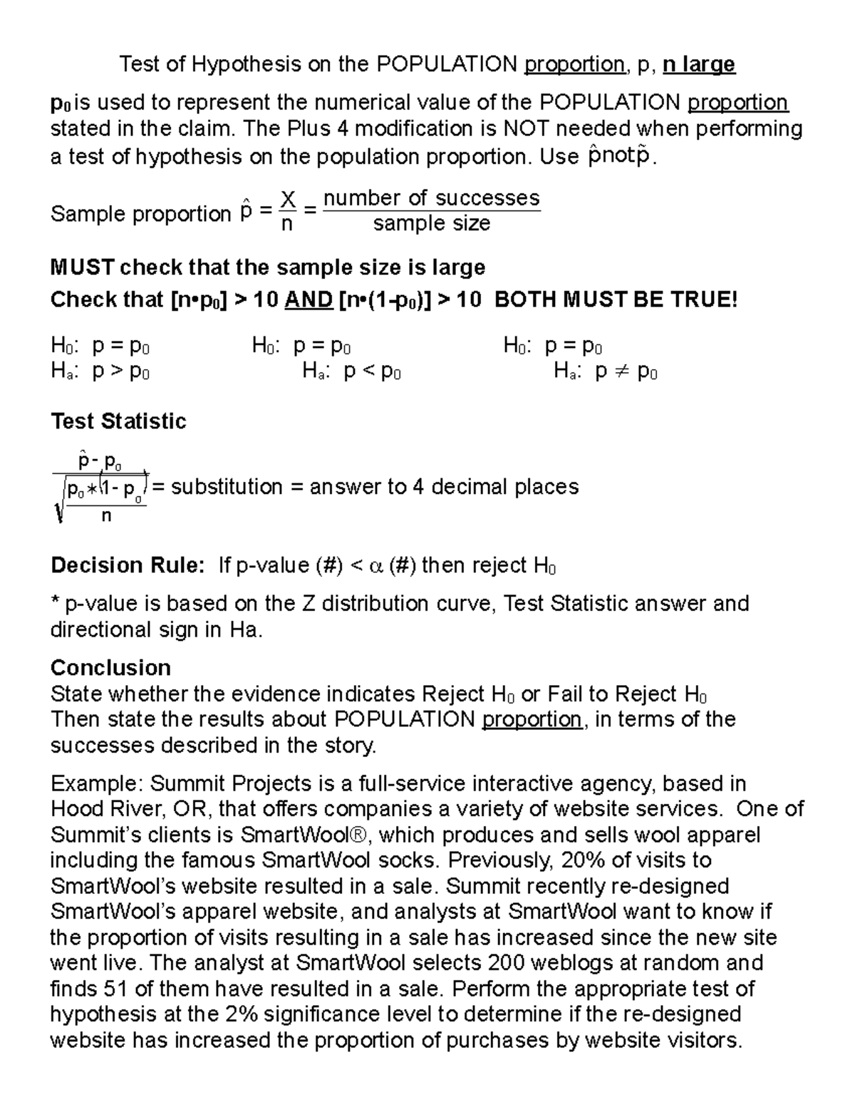 Test One Sample Proportion - Test of Hypothesis on the POPULATION ...