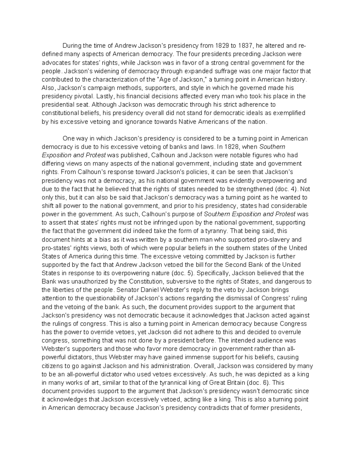 Jackson DBQ - aaaaaaaaaaaaaaaaaaaaaaaa - During the time of Andrew ...