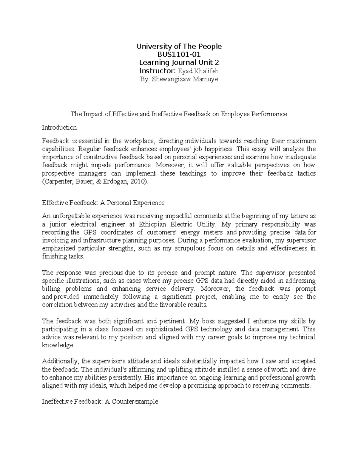 BUS1101-01 Learning Journal Unit 2 - University of The People BUS1101 ...