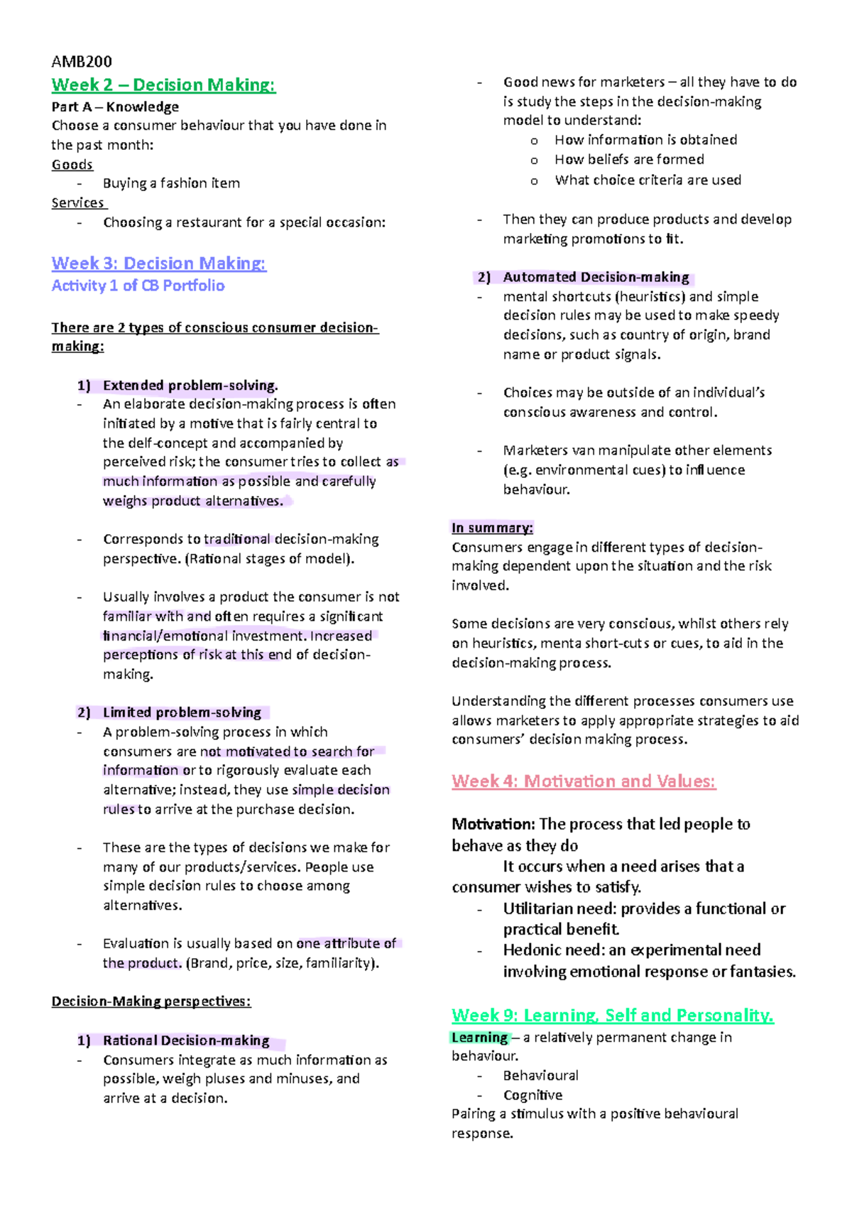 AMB200 - tutorial notes week 1-5 - AMB Week 2 – Decision Making: Part A ...