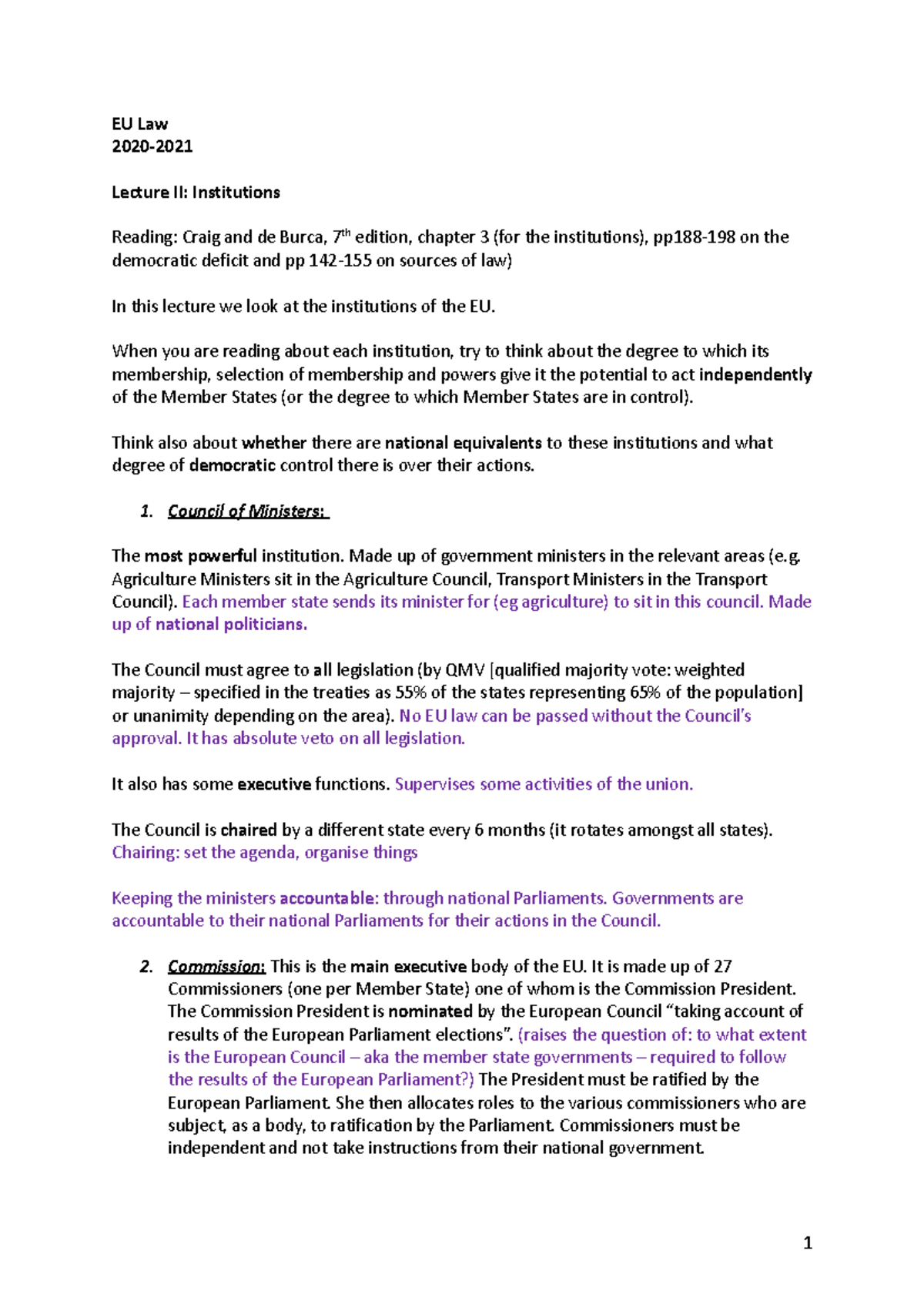 EU 2020-21 Lecture II - EU Law 2020- Lecture II: Institutions Reading ...