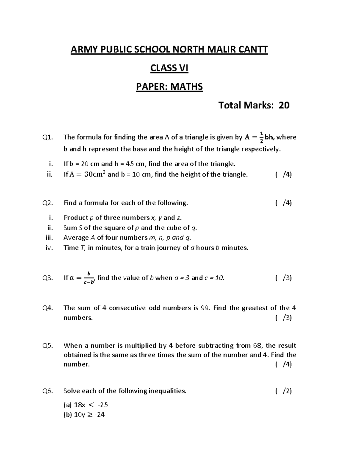 Class VI Assessment Paper - ARMY PUBLIC SCHOOL NORTH MALIR CANTT CLASS ...
