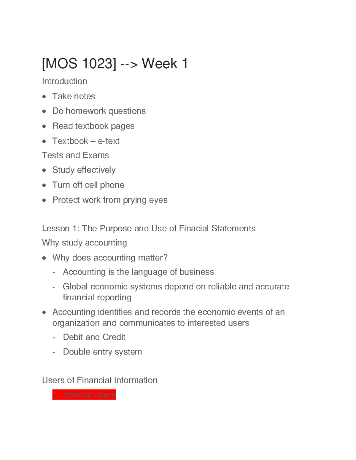 Mos Test 1 Review - the notes - [MOS 1023] -> Week 1 Introduction Take ...