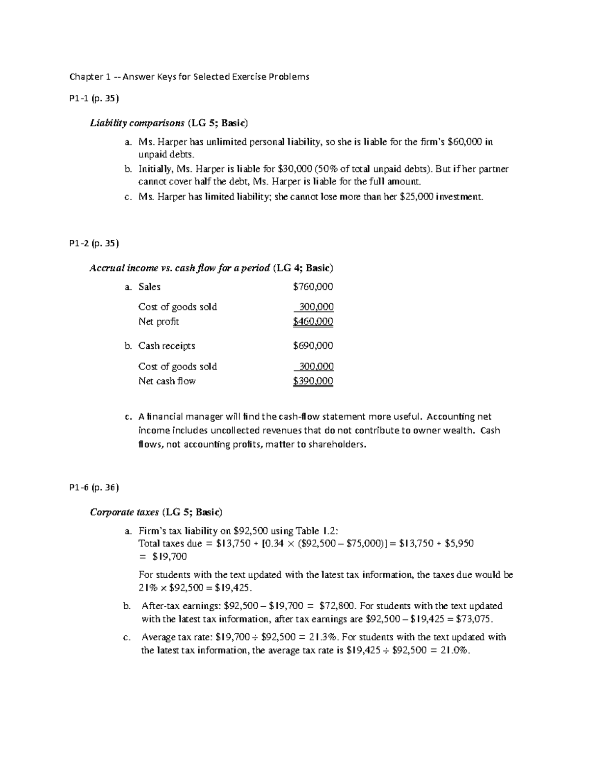 FINN 3043 Ch. 1 Practice problems Answers - Chapter 1 - Answer Keys for ...