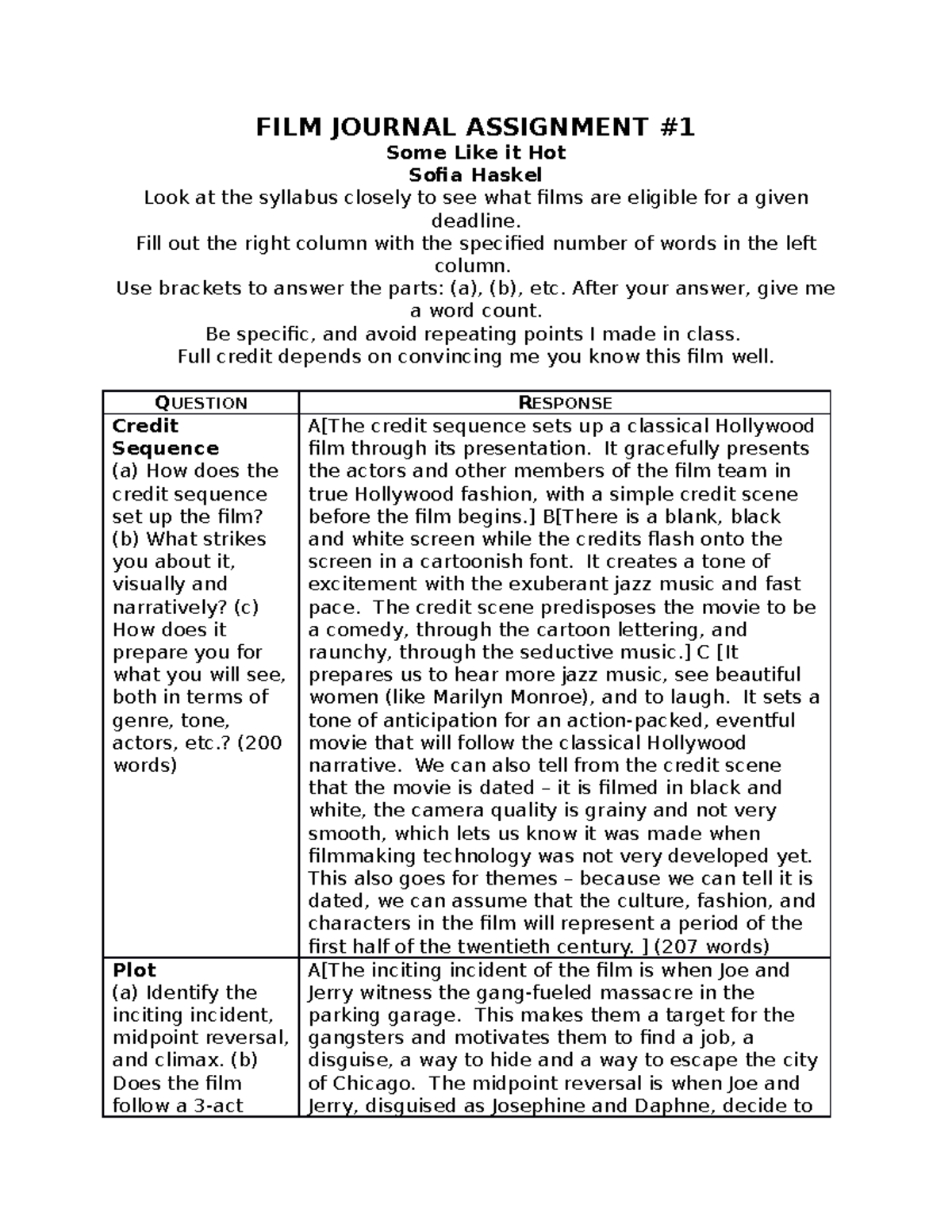 Film Journal #1 - Grade: A - FILM JOURNAL ASSIGNMENT Some Like it Hot ...