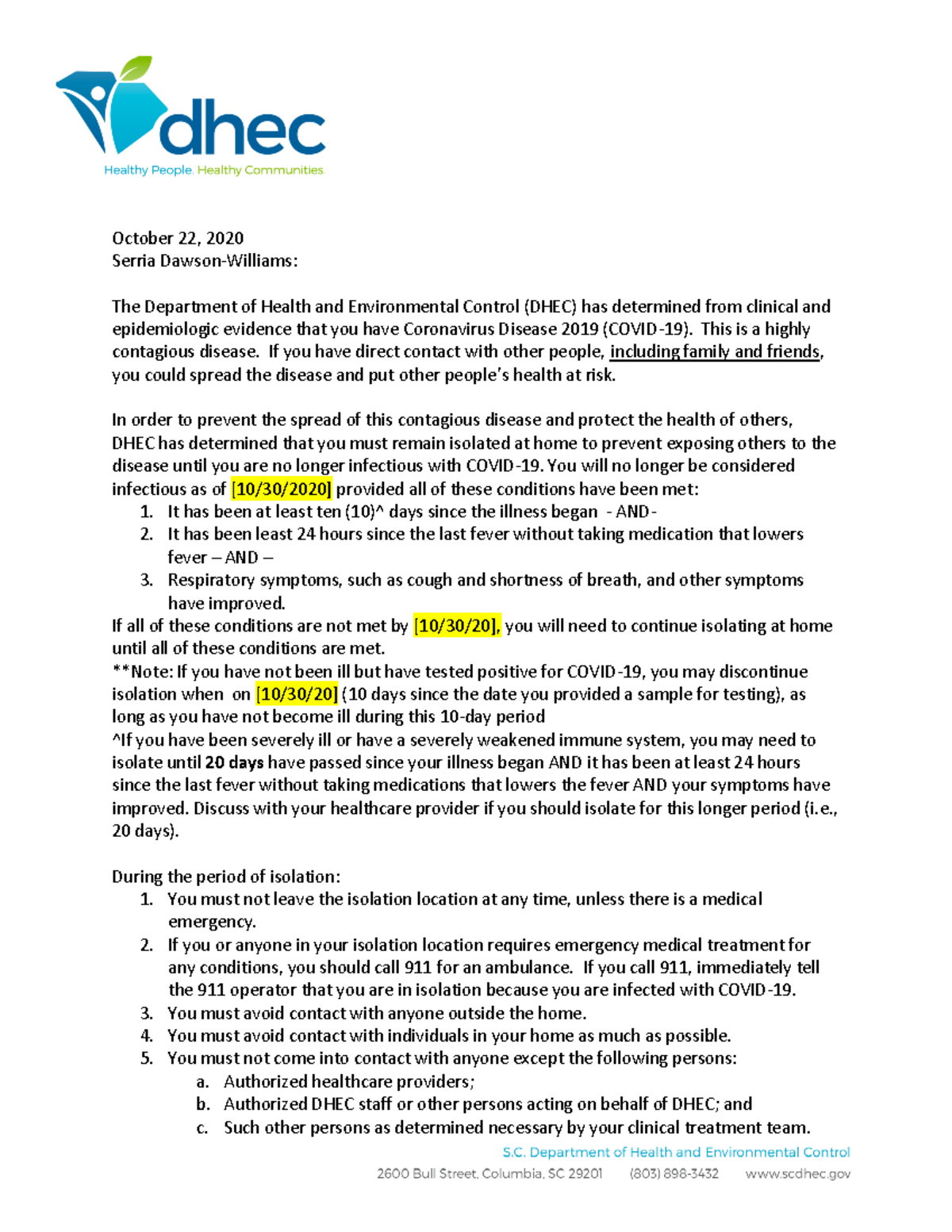 Dawson Williams Initiation of Isolation Letter - October 22 , 2020 ...
