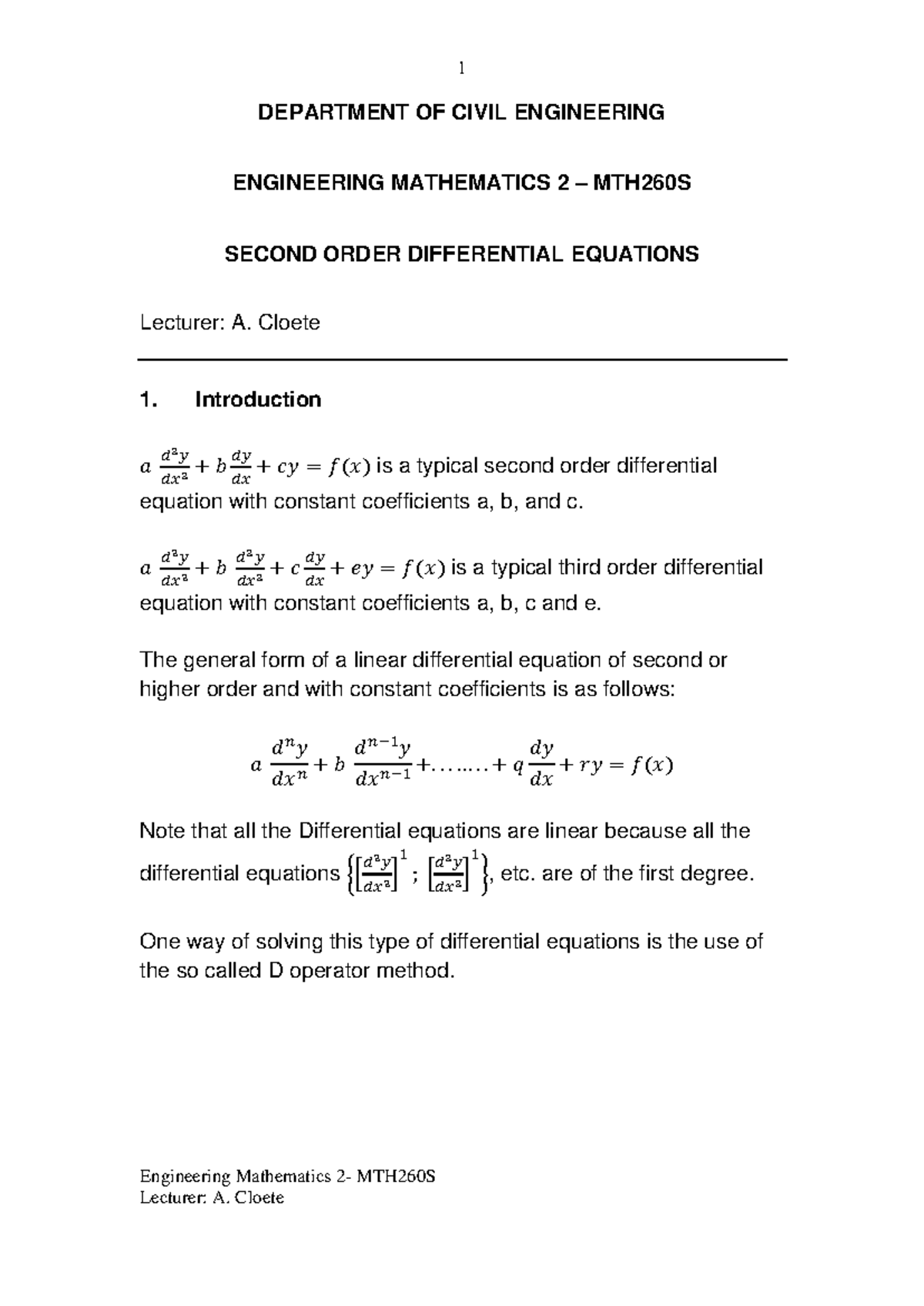 Second Order DES Notess - Engineering Mathematics 2 - MTH260S ...