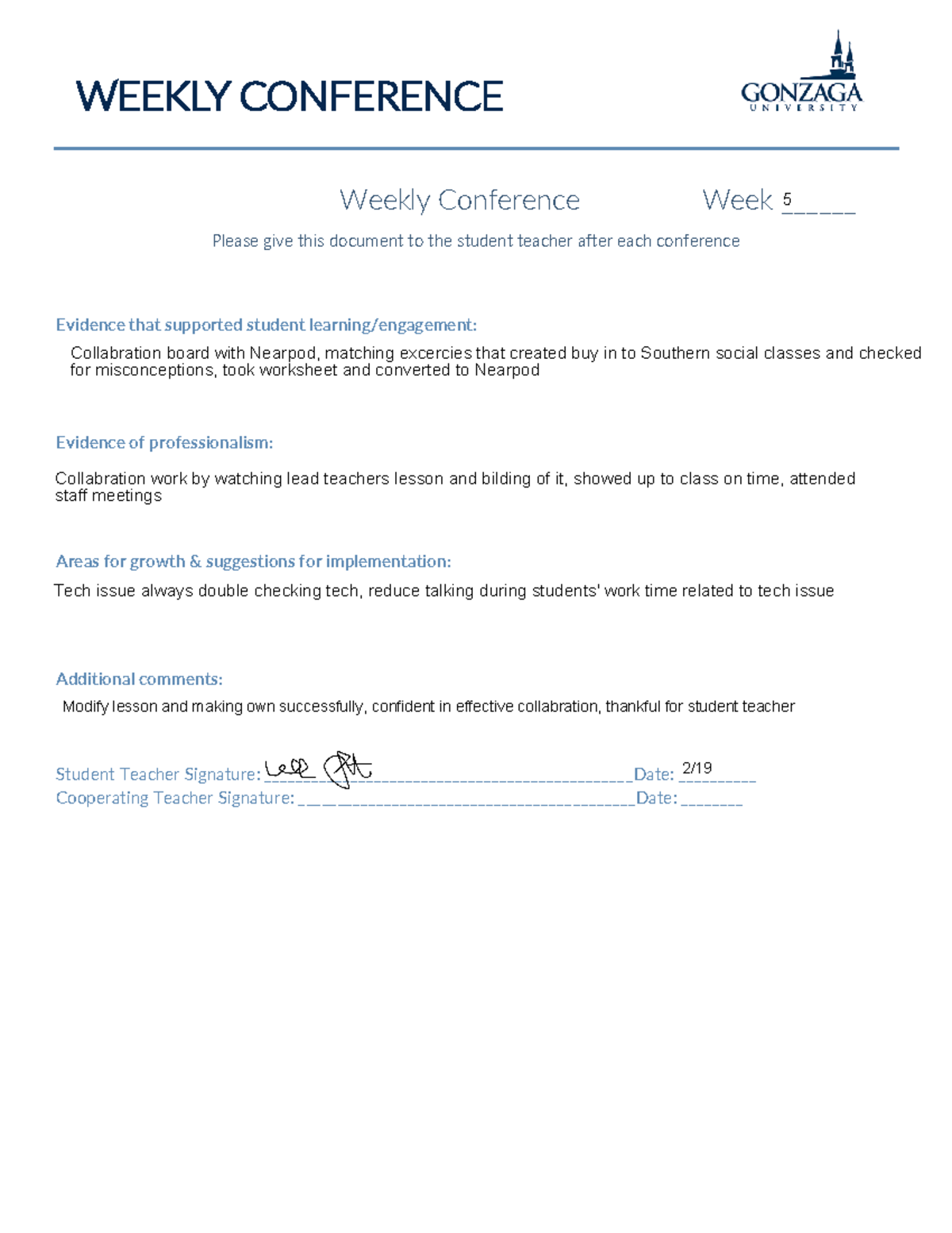 Week 5 Conference - Student teaching work - WEEKLY CONFERENCE Weekly ...