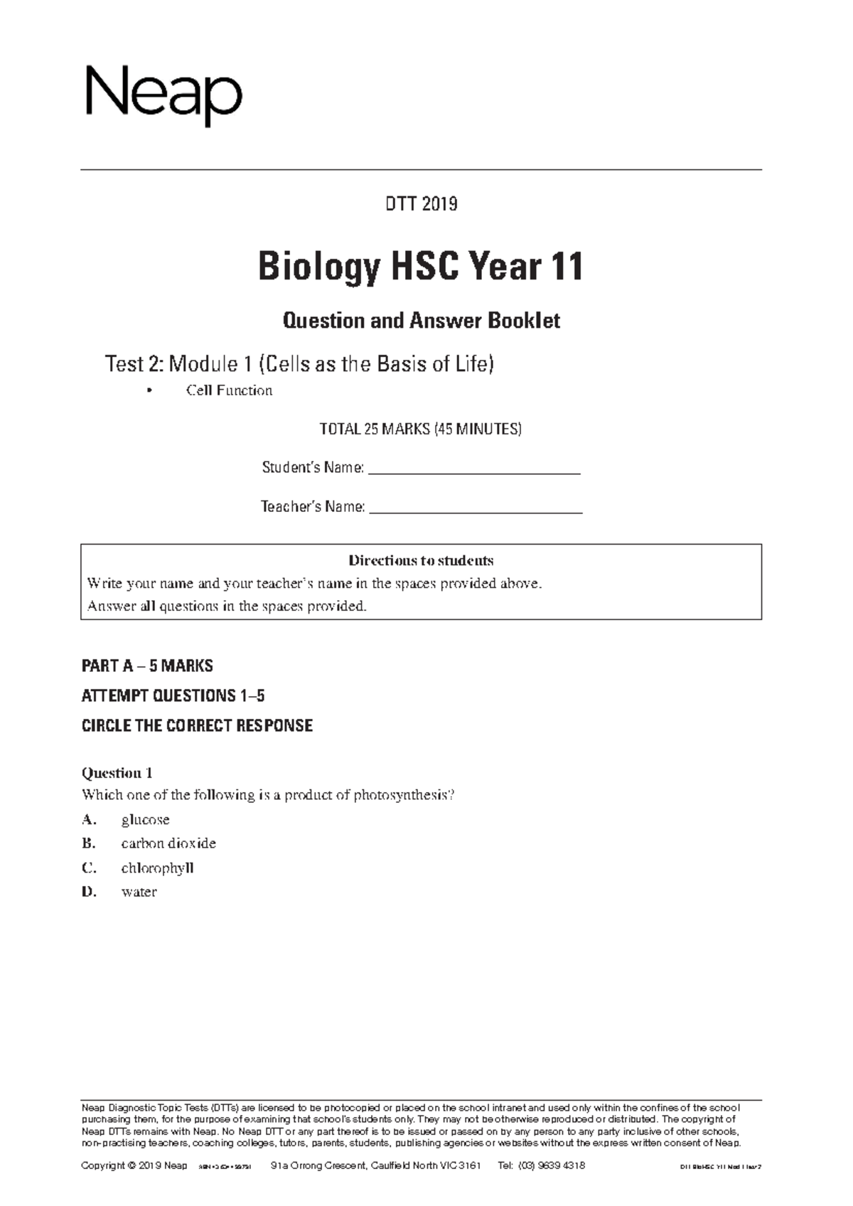 2019 Neap Module 1.2 Exam - DTT 2019 Biology HSC Year 11 Question and ...